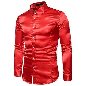 Generic Chemises brillantes pour homme &agrave; manches longues coupe r&eacute;guli&egrave;re avec col boutonn&eacute; rabattable, chemises l&eacute;g&egrave;res en satin pour soir&eacute;e de danse, chemise