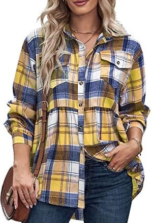 Generic Vestes pour femmes, chemises &agrave; carreaux, v&ecirc;tements dautomne surdimensionn&eacute;s, veste &agrave; manches longues, chemisier tendance, jaune, XL