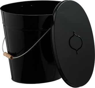 Relaxdays Ascheeimer mit Deckel, 18,5 Liter, Henkel mit Holzgriff, für Kohle & Asche, Kamin, Stahl Aschetonne, schwarz