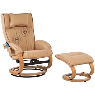 Beliani Massagesessel mit Fu&szlig;hocker Hellbraun Kunstleder Drehbar Holzbeine Heizfunktion Liegefunktion Timer Fernbedienung Modern f&uuml;r B&uuml;ro Arbeitszimmer