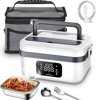 Generic Bo&icirc;te &agrave; Lunch &Eacute;lectrique Sans Fil - 1L Conteneur Chauffant Rechargeable avec Sac et Couverts, Chauffe-Aliments Auto-Suffisant Sans Eau pour Travail, B