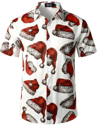 JOGAL Herren Weihnachten Hemd Funky Kurzarm Christmas Hawaiihemd Button Down Weihnachtsmann Print Freizeithemd Rot Hut 3X-Large