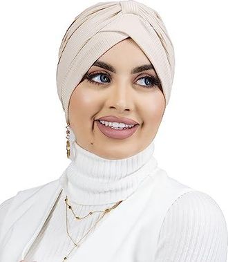 Lamis Hijab Turban à enfiler côtelé en jersey PREMIUM pour femme musulmane voilée TU-6 (Beige Clair)
