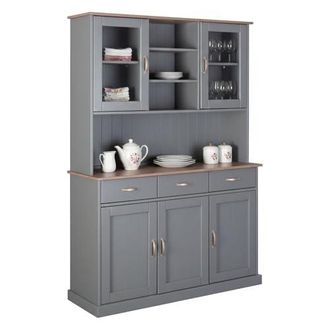 Dmora Sideboard mit 3 geschlossenen T&uuml;ren, 2 Vitrinen und 3 Schubladen, aus grau lackiertem massivem Kiefernholz mit brauner Oberseite und Oberfl&auml;chen, 131x