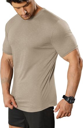 Coofandy Rundhals T Shirt Herren Sommer Funktionsshirt Kurzarm Gym Fitness Sport Shirt f&uuml;r M&auml;nner Slim Fit Muscle Sportshirt Khaki XXL