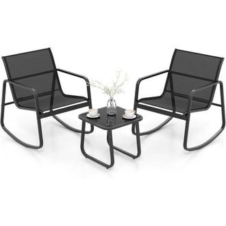 Costway Salon de Jardin 3 Pi&egrave;ces avec Chaises &agrave; Bascule Table en Verre, Ensemble de Meuble Ext&eacute;rieur 2 Fauteuils Cadre M&eacute;tallique Charge 150KG, pour Porche