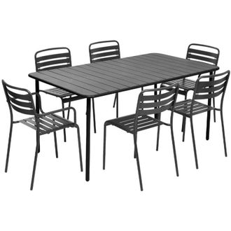 Sweeek Table de jardin m&eacute;tal + 2 fauteuils et 4 chaises. anthracite. acier traitement anti rouille