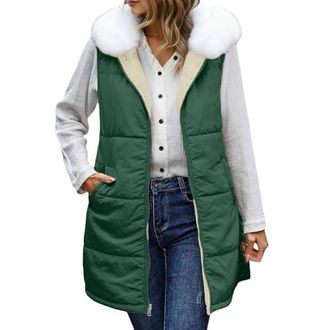 Generic Gilet long &agrave; capuche pour femme - Automne - Hiver - Gilet matelass&eacute; sans manches - Doudoune doubl&eacute;e - Gilet polaire chaud - Gilet long &agrave; capuche - Gil