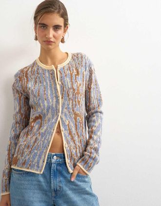 Topshop gilet en maille bross&eacute;e &agrave; imprim&eacute; animal, avec laine et mohair, marron et bleu-Multi