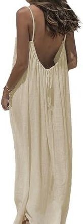 Generic Robe caraco dos nu de couleur unie pour femme, robe longue &agrave; bretelles spaghetti, robe d&eacute;t&eacute; longue avec noeud dans le dos, pour les vacances &agrave; la plag