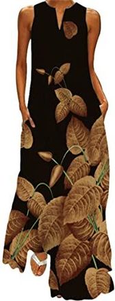 Ocean Plus Robe Maxi pour Femmes avec Imprimé Vintage Robe de Poche à Manches Longue et sans Manches (XL, Feuilles Brunes)