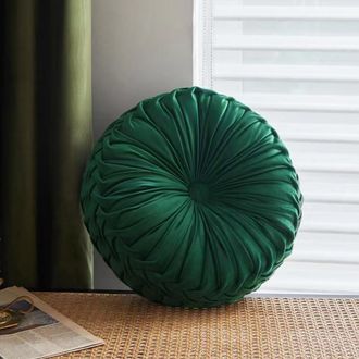 Generic 15 Round Velvet Pleated Throw Pillow for Couch - 1 Pc Pumpkin Boho Cushion, Fluffy Floor/Lumbar Pillow for Sofa, Chair, Bed & Home Decoration (Green)