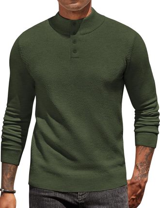 Coofandy Pullover Herren Henley Pullover Stehkragen Strickpullover Langarm Henley Shirt M&auml;nner Sweater mit Knopfleiste Armeegr&uuml;n 3XL