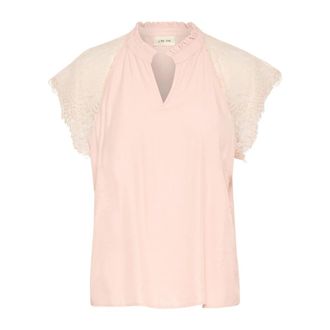 Cream Spitzenbluse mit V-Ausschnitt und Spitzen&auml;rmeln - - Blouses & Shirts - Damen - Beige - S