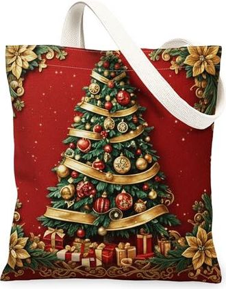 Generic Sacs fourre-tout d&eacute;coratifs vintage en toile de No&euml;l, motif arbre de vacances, sacs d&eacute;picerie r&eacute;utilisables, festifs et lavables, Rouge, 13x15 Inch