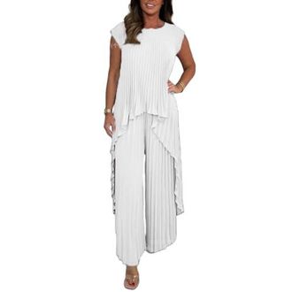 Generic Ensemble de 2 pi&egrave;ces pliss&eacute;s &agrave; manches courtes irr&eacute;guli&egrave;res et pantalon large &agrave; taille &eacute;lastique, blanc, 3XL