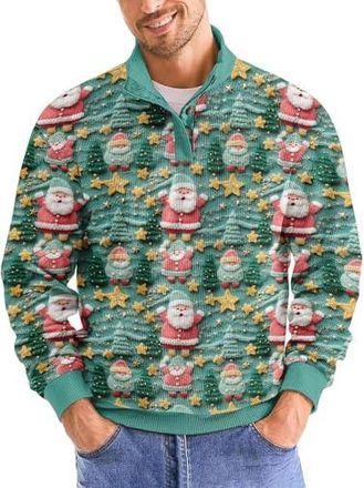 Generic Pull de Noël amusant pour homme avec motif arbre de Noël imprimé rayures pull à revers boutonné à manches longues pull fête thème fête pull pour homme