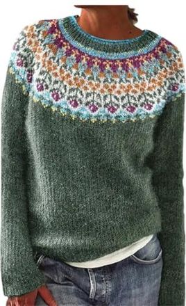 Generic Pull tricot&eacute; vintage &agrave; col rond et manches longues pour femme Motif Fair Isle, 08, 4XL-6XL