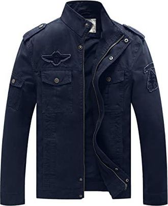 WenVen Homme Veste Style Militaire Printemps Coupe-Vent Veste Zipp&eacute;e Veste Cargo Classique en Coton Manteau D&eacute;contract&eacute; Casual Blouson Multipoches Bleu M