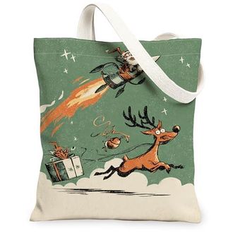 Generic Sacs fourre-tout en toile motif renne de No&euml;l, sacs de courses l&eacute;gers et lavables pour voyage, plage, cadeaux, Vert, 13x15 Inch