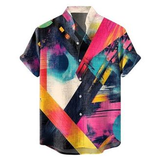 Generic Hauts d&eacute;t&eacute; pour hommes, chemises boutonn&eacute;es 3D imprim&eacute;es &agrave; bouton-pression, chemises multicolores &agrave; motifs assortis, col patchwork, chemise &agrave; manches 