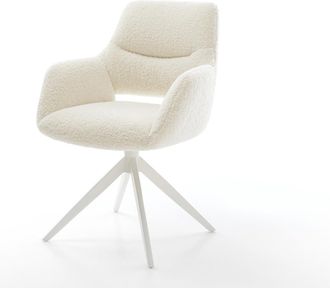DELIFE Drehstuhl Yago-Flex mit Armlehnen Teddystoff Beige Kreuzgestell breit Wei&szlig; 360&deg; drehbar Wippfunktion Taschenfederkern, Esszimmerst&uuml;hle