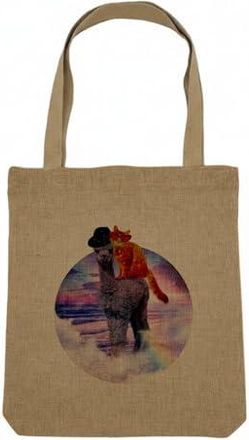 Fabulous Sac Shopping Tote Bag Aspect Lin - Lama Chat et Arc en ciel Collage Vintage Illustration Art Humour Parodie Animal - Sac de Courses Toile Epaisse 360g