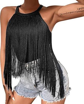 Generic Body sans manches à franges pour femme en coton, Noir, XL