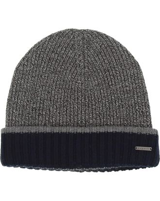 Bugatti Herren Mütze mit Rippenmuster - Strickmütze mit farblich abgesetztem Rand - 100% Wolle - One Size