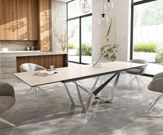 DELIFE Esstisch Edge 200-300x100 Keramik Laminam Travertino Bianco Creme-Wei&szlig; Spider Flachstahl Edelstahl ausziehbar, Esstische