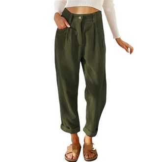 Generic Pantalon d&eacute;contract&eacute; en velours c&ocirc;tel&eacute; taille haute avec poches pour femme, vert militaire, 3XL