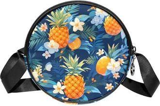 Generic Sac &agrave; bandouli&egrave;re rond pour femme, motif fleurs dananas avec fermeture &eacute;clair, bretelles r&eacute;glables, sac &agrave; main rond d&eacute;contract&eacute; pour femmes et filles