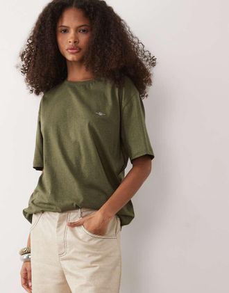 GANT Regular-Fit-T-Shirt in Khaki meliert mit Logo-Gr&uuml;n