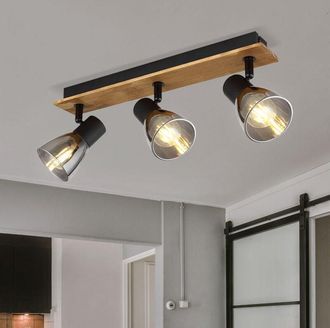 Globo Lighting Plafonnier 3 flammes plafonnier noir lampe de chambre en bois, 3 spots orientables, verre métal, fumée noire, 3x douilles E14, LxlxH