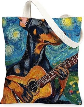 Generic Doberman Sac fourre-tout r&eacute;utilisable en toile pour faire du shopping Motif guitare &eacute;toil&eacute;e 33 x 38 cm