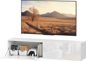 HOMCOM TV-H&auml;ngeschrank f&uuml;r 45-55-65 TV-Ger&auml;te mit 2 Schr&auml;nken und Faltt&uuml;ren f&uuml;r Wohnzimmer Schlafzimmer 140x33x29,8 cm Wei&szlig; gl&auml;nzend