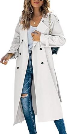 Generic Trench Long for femmes, pardessus d&eacute;contract&eacute; de couleur unie for lautomne et lhiver avec col &agrave; revers et manches longues(blanc,4XL)