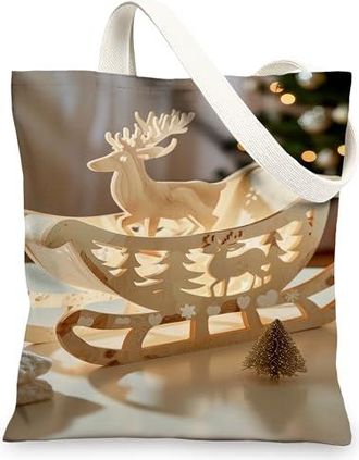 Generic Sac fourre-tout en toile motif renne festif vintage, sac de courses réutilisable, léger et lavable avec bandoulière, blanc, 13x15 Inch