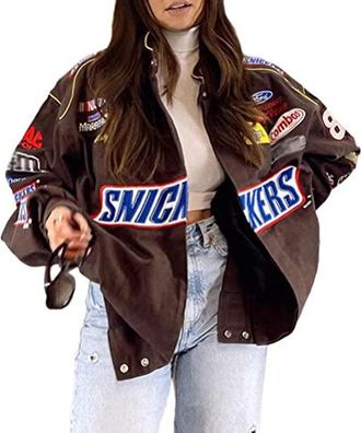 Onsoyours Blouson Bomber Femme Manches Longues Vintage Veste Bomber Casual Zipper Jacket College Poches Coupe-Vent Baseball Blouson Sweat Veste P1 Café XXL