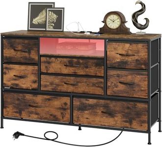 Woltu Commode Chambre Adulte|Commode 8 tiroirs en Tissu|Meuble de Rangement avec Lumière LED Télécommandée, Prises Type-C+USB-A & AC, Cadre Métal, Marron-No