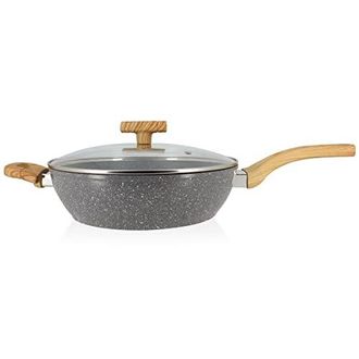 Menastyl Cuisson Sauteuse en aluminium forgé avec couvercle 28cm et poignée effet bois clair - 6020040