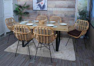 Mendler 6er-Set Esszimmerstuhl HWC-P17, Küchenstuhl Korbstuhl Rattansessel Rattanstuhl Stuhl, Kubu Rattan Metall - Polster braun