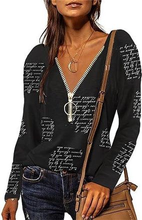 Onsoyours T-Shirt Manche Longue Femmes Sexy Tee Shirt Coton Couleur Unie Col en V D&eacute;contract&eacute;e Zip Tops Blouse Chemisier Hauts Femme Chic Tee Shirt Basique Tuni