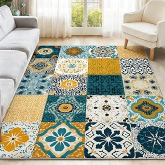 Generic Tapis de en Flanelle 120 x 180 cm - Doux antid&eacute;rapant et d&eacute;coratif, Tapis imprim&eacute; pour entr&eacute;e Salon ou Chambre Color Block Motifs g&eacute;om&eacute;triques Style r