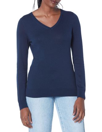 Amazon Essentials Damen Regular-Fit Leichter Langarm-Pullover V-Ausschnitt (In Übergröße Erhältlich), Marineblau, M