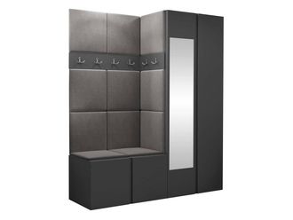 Mirjan24 Garderoben-Set Monati XII, Kleiderschrank mit Spiegel, Schuhschrank, 2X Kleiderhakenbrett, Gepolstertes Paneel/Wandpaneel, 6 Doppelhaken, Flurgarderob