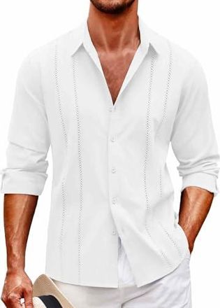 Generic DENGJIAMY Chemise à manches courtes boutonnée pour homme Guayabera cubaine Chemise décontractée à manches longues en duvet Chemise dété de plage en li
