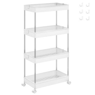 Songmics Rollwagen, K&uuml;chenwagen, K&uuml;chenregal, Nischenregal, mit 6 Haken, 360&deg; drehbare R&auml;der, Stahlgestell, Bad, K&uuml;che, B&uuml;ro, 4 Ebenen, wei&szlig; KSC10WT