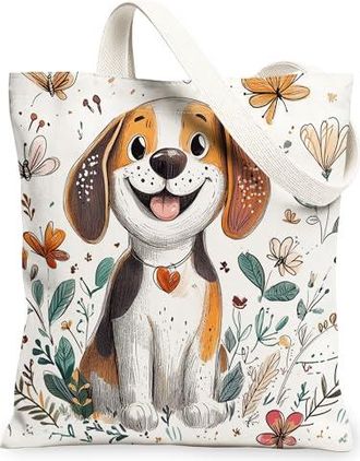 Generic Sac fourre-tout en toile motif beagle printanier pour le shopping, 33 x 38,1 cm, sac d&eacute;picerie r&eacute;utilisable pour femme, peinture danimaux domestiques,