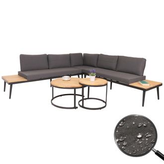 Mendler Garten-Garnitur HWC-H54c, Lounge-Set, Beistelltisch Spun Poly Akazie Holz Stahl - Hellbraun, Kissen dunkelgrau